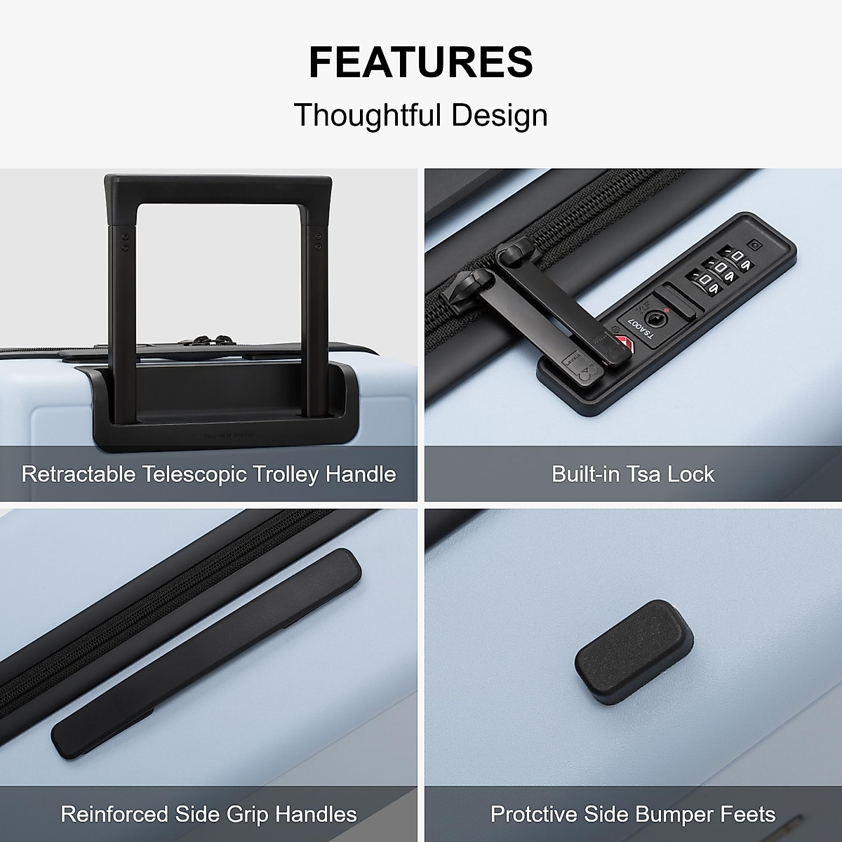 LEVEL8 Elegance Carry-on Suitcase, 20 Inch Carry on Luggage, Hardside Large Suitcases with Wheels, Tavel Bag with Tsa Lock, Light Blue