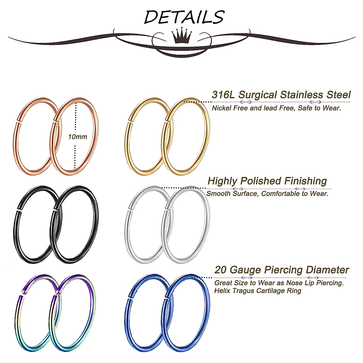 Masedy 12Pcs 20G 316L Stainless Steel Nose Rings Hoop Tragus Cartilage Septum Ring Lip Piercing 10MM