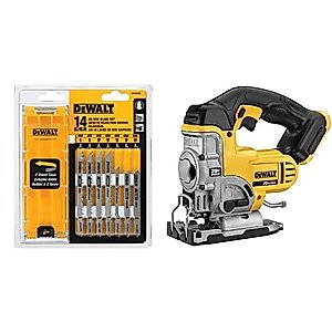 DEWALT DW3742C 14-Piece T-Shank Jig Saw Blade Set with Case and DEWALT DCS331B 20-Volt MAX Li-Ion Jig Saw (Tool Only), Yellow