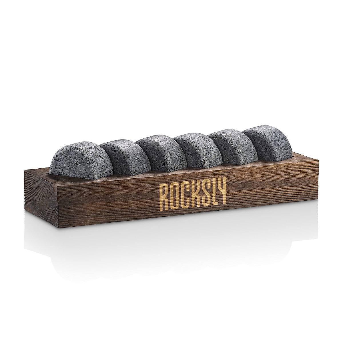 ROCKSLY Whiskey Stones Gift Set for Men | Whiskey Rocks Chilling Stones Set of 6 | Reusable Ice Cubes Chilling Rocks in a Wood Tray for Whiskey Lovers,Christmas, Men, Dad, Boyfriend