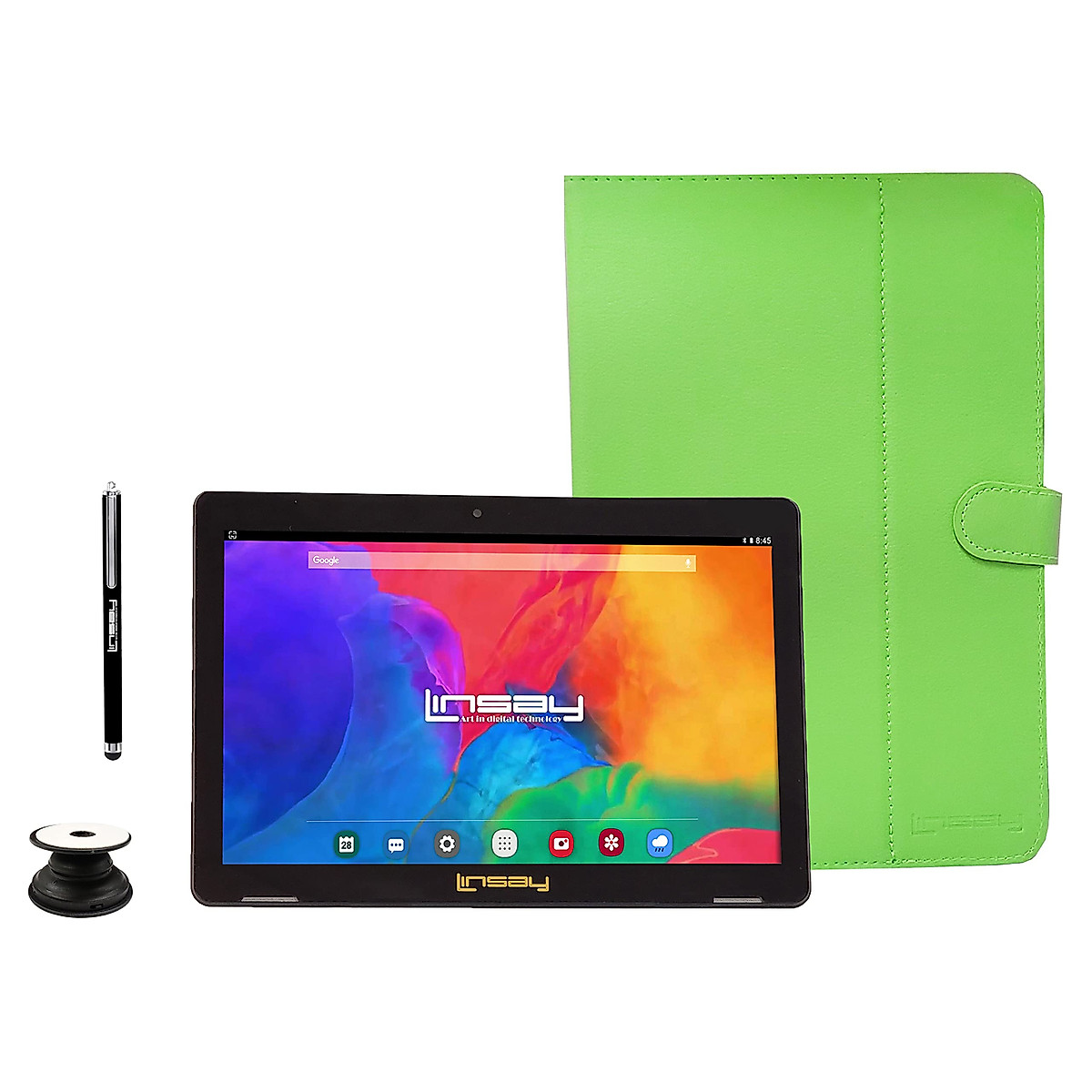 LINSAY 10.1" 1280x800 IPS 2GB RAM 32GB Android 11 Tablet with Green Leather Case, Pop Holder and Pen Stylus