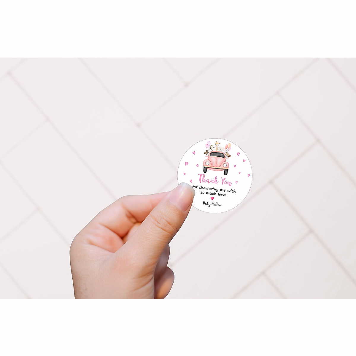 Baby Shower Favors Custom Stickers - Set of 36 Personalized Baby Shower Thank You Gifts Self Adhesive Flat Sheet 2 Inch Round Labels for Drive by Blue Baby Boy Shower Favors Theme (Pink)