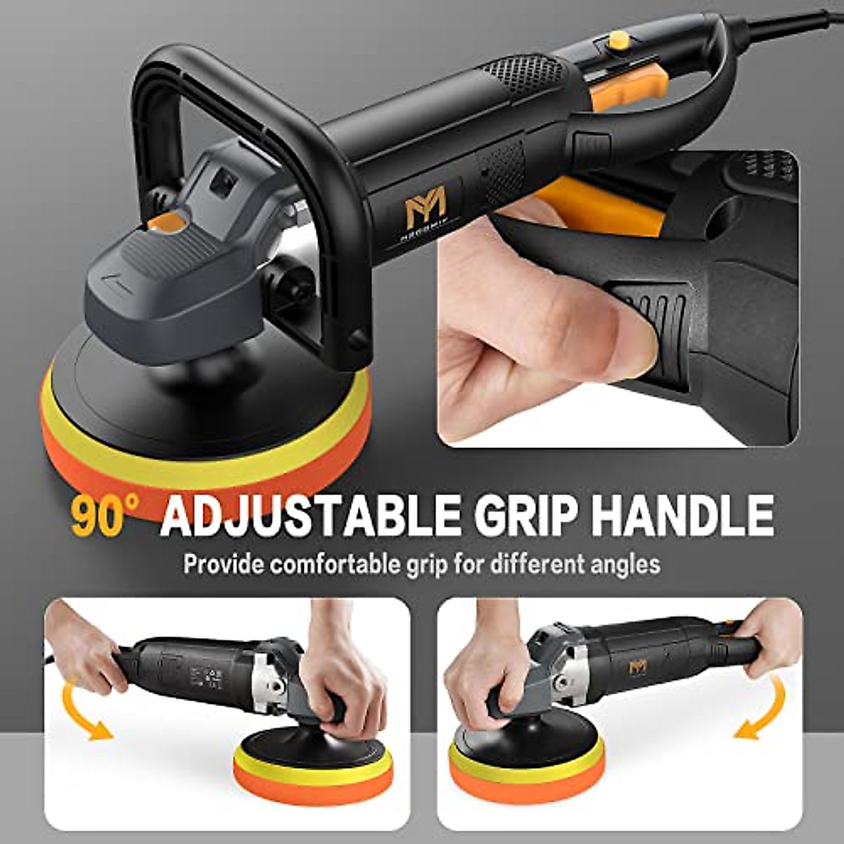 1500W Buffer Polisher, 180mm Rotary Car Polisher Machine Polishing Waxer Kit for Car Detailing with 6-Level Speed，D & Side Handle，4 Foam Pads, 2 Carbon Brushes and 10 Sandpapers