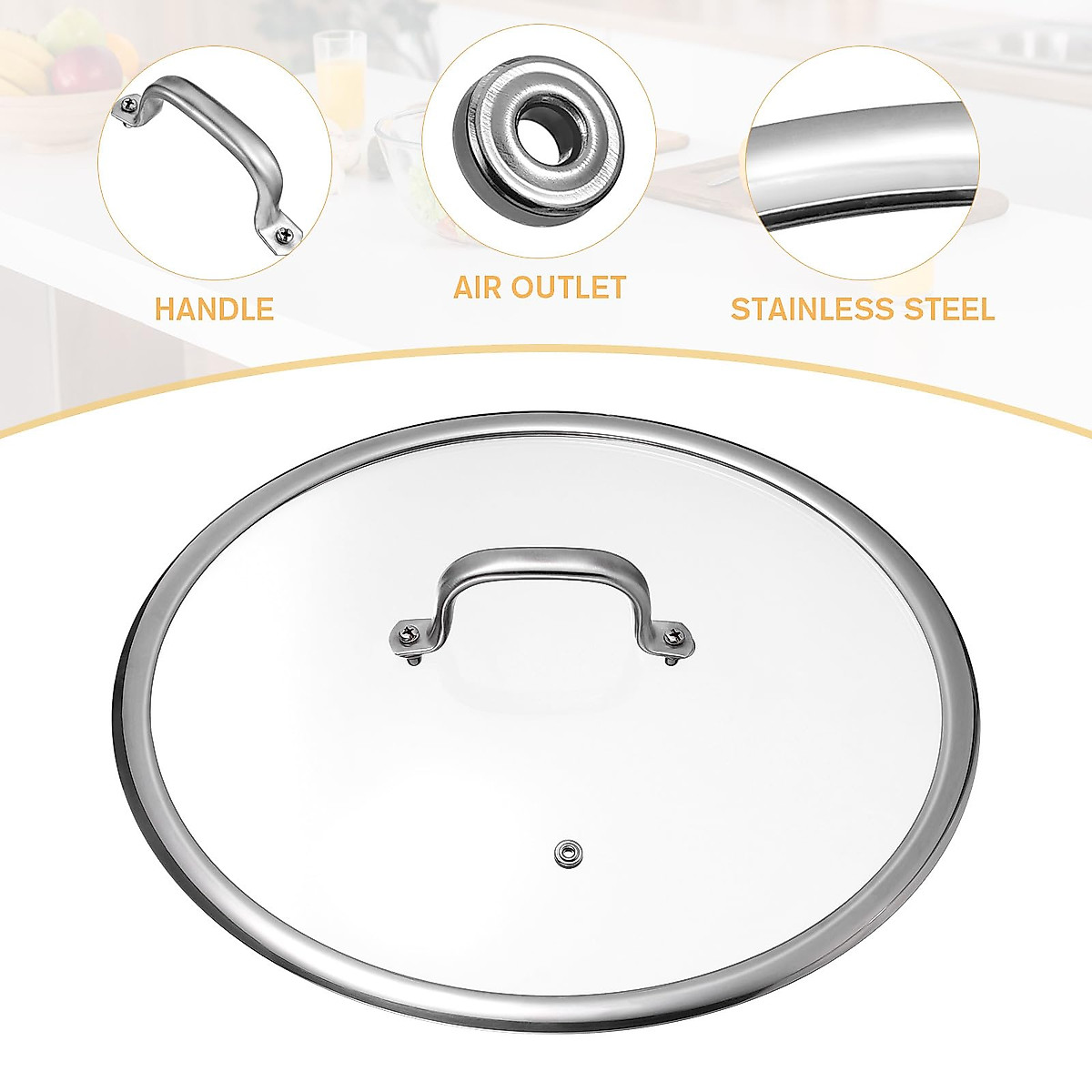 Luxshiny Terrarium Glass cast Iron lid Pot lid cookware Glass Cover Replacement Pot lids Frying pan Cover Thickened Visual Pot Cover Kitchen Universal lid for Accessories 13 inch pan lid BBQ Grill