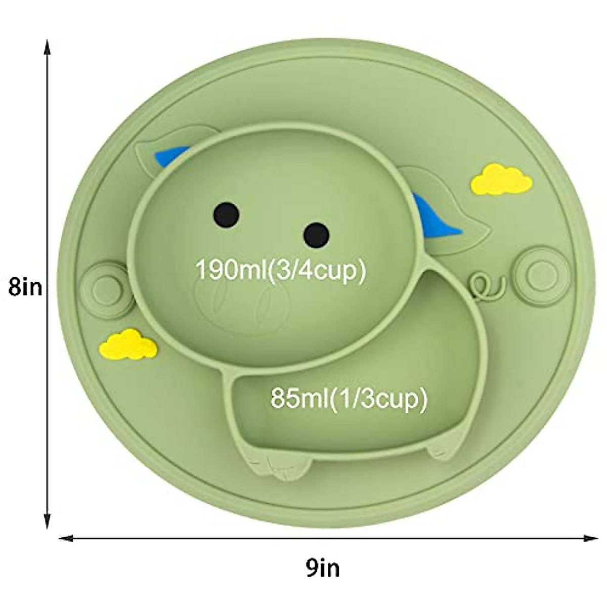 Baby Divided Plate Placemat Silicone- Portable Non Slip Child Feeding Suction Plate for Children Babies and Kids BPA Free Baby Dinner Plate Microwave Dishwasher Safe (Endive)
