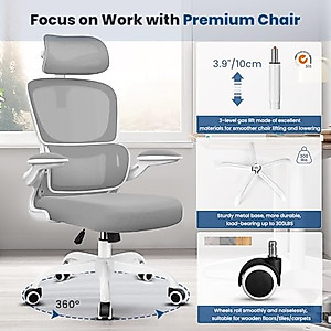 Razzor Ergonomic Office Chair, High Back Mesh Desk Chair with Lumbar Support and Adjustable Headrest, Computer Gaming Chair with Flip-up Armrests, Executive Swivel Chair for Home Office (LightGray)