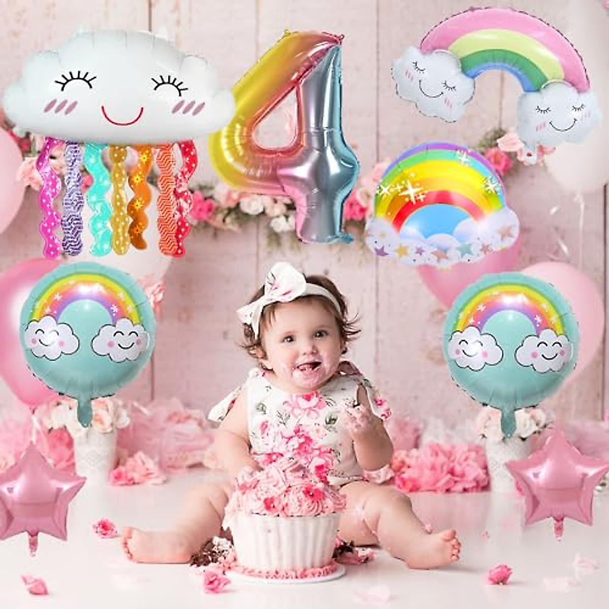 4th Birthday Decorations Girl, 8 Pcs 4 Balloons Birthday Foil Balloons with Rainbow Pink Star Pastel Round Balloons, Number 4 for Girls Birthday Party Baby Shower Supplies