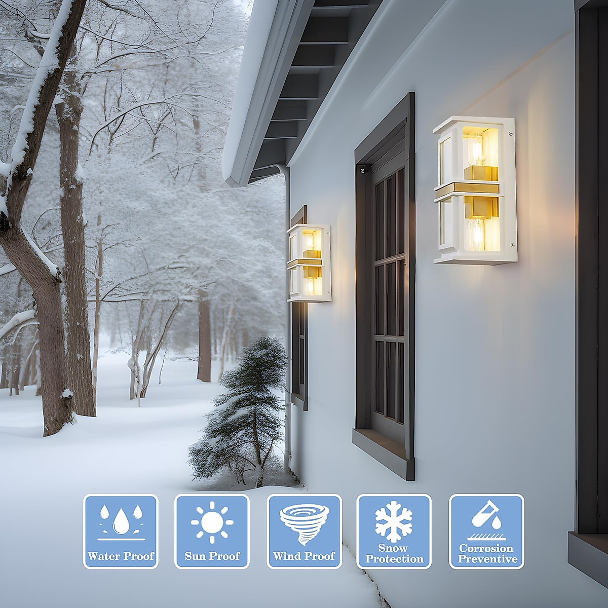 MSTETO Dusk to Dawn Sensor Outdoor Wall Light Fixtures Set of Two, Modern White & Gold Aluminium Alloy Porch Lights, Exterior Waterproof Wall Sconces with Glass Shades for Garage, Patio, Front Door