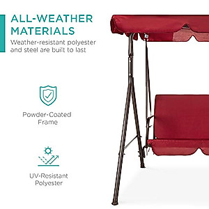 Best Choice Products 2-Person Outdoor Patio Swing Chair, Hanging Glider Porch Bench for Garden, Poolside, Backyard w/Convertible Canopy, Adjustable Shade, Removable Cushions - Burgundy