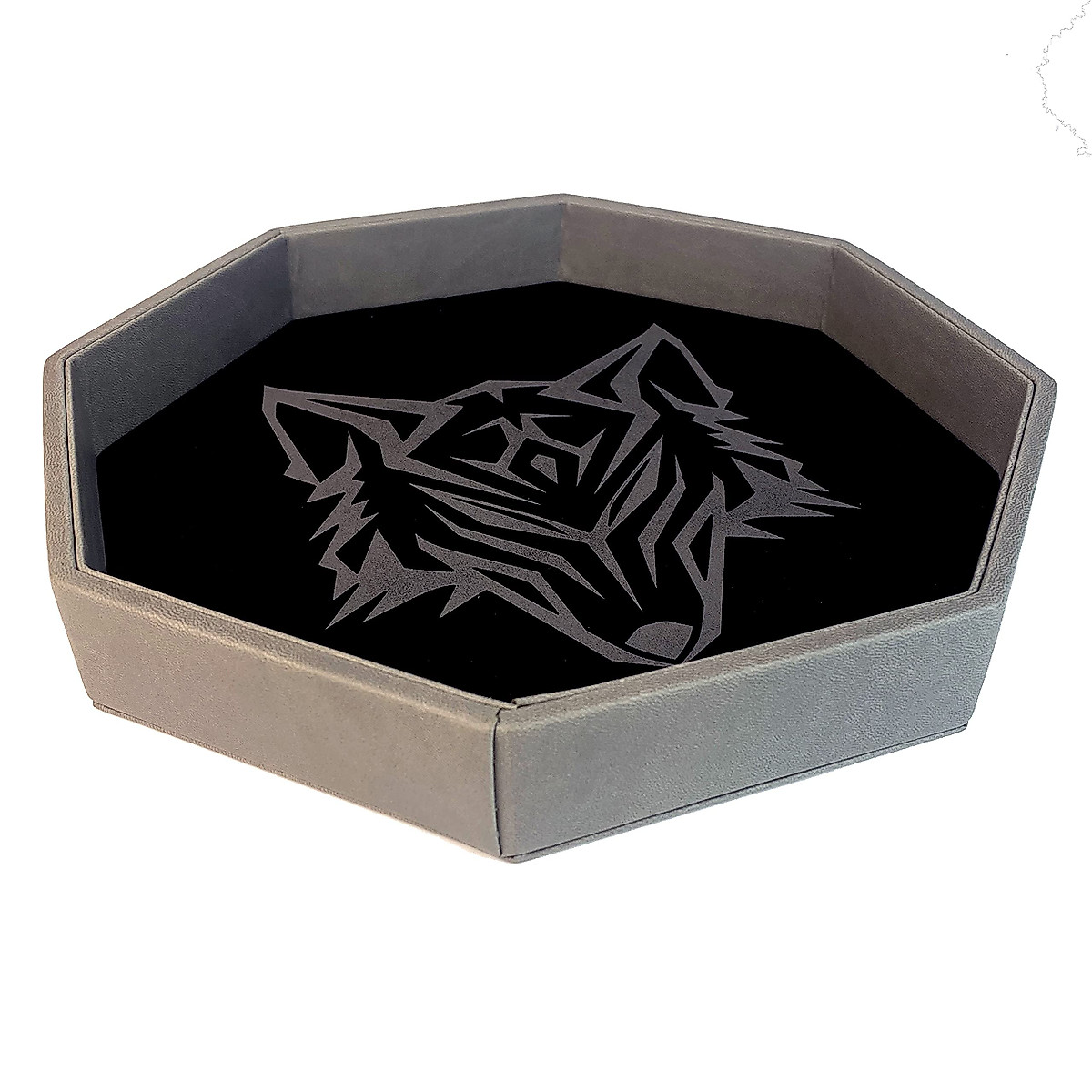 Luck Lab 11.5 Inch Dice Tray – Black and Grey - Big Octagonal Dice Tray with Luxurious Rolling Area for RPG Table Top Gaming Like D&D - Wolf Design
