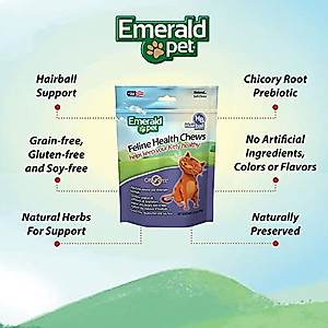 Emerald Pet Feline Health Chews Hairball Support — Natural Grain Free Feline Hairball Control Chews — Hairball Control Cat Supplements for Hairball Prevention and Elimination — Made in USA, 2.5 oz