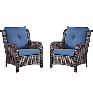 Belord Patio Furniture Conversation Sets 2 Peices Wicker Chairs, Wide Armchair Outdoor Furniture Sets for Porch, Balcony, Backyard, All Weather Brown Wicker Chair with Blue Cushion