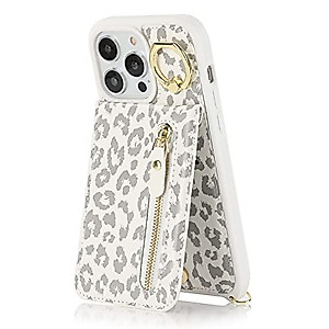 Jaorty iPhone 13 Pro Case for Women with Card Holder,iPhone 13 Pro Phone Case Wallet with Strap,Crossbody Lanyard Cases with Credit Card Slots Kickstand and Stand Case Ring Holder,6.1" White Leopard