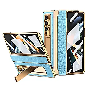 EAXER Compatible with Samsung Galaxy Z Fold 3 5G Case, Full Coverage Protection Built in Screen Protector Stand Shockproof Hinge Case Cover (Golden&Blue)