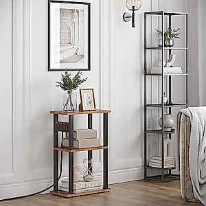 TUTOTAK Small Narrow Side Table with Charging Station, Skinny End Table for Small Spaces, Slim Nightstand with USB Ports and Outlet, Sofa Beside Table with Wheels, Brown TB01BB046