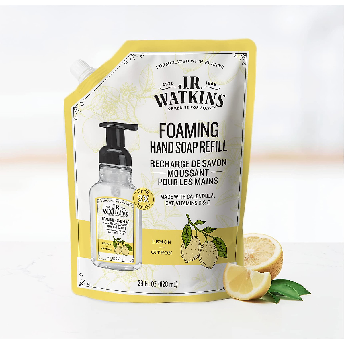 J.R. Watkins Foaming Hand Soap Refill, Moisturizing Foam Hand Wash, All Natural, Alcohol-Free, Cruelty-Free, USA Made, Lemon, 28 fl oz, 3 Pack