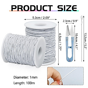 2 Rolls FIVEIZERO White Elastic Bracelet String Total 330 Feet,1mm,1.2mm,1.5mm Elastic Cord for Beading Stretchy String with Beading Needle for Bracelets, Sewing, Necklace, Jewelry Making and Crafts