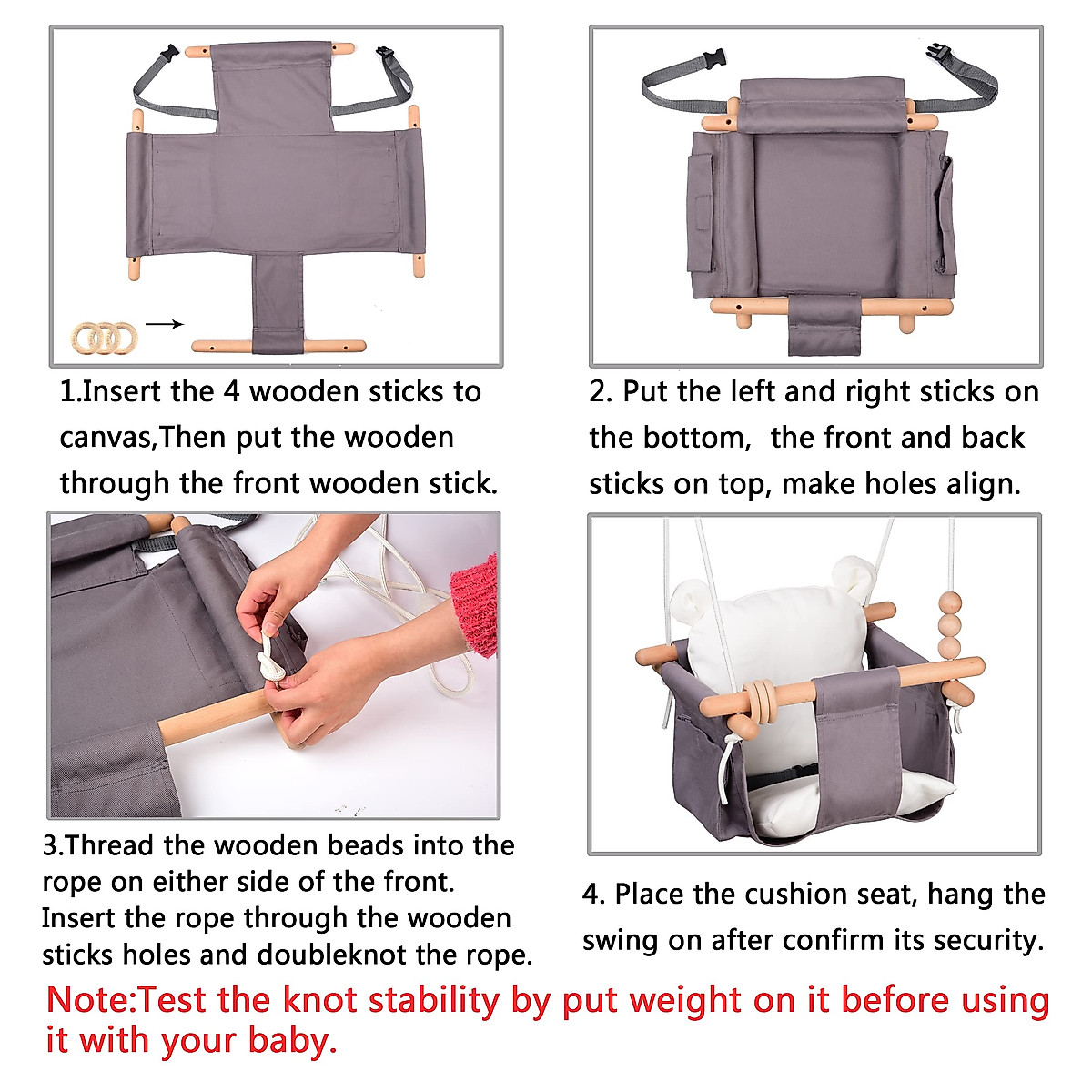 Baby Hammock Swings, Canvas Baby Hanging Swing with Safety Belt & Cotton Cushion Seat, Hanging 2 Side Pockets Safe Outdoor Swings