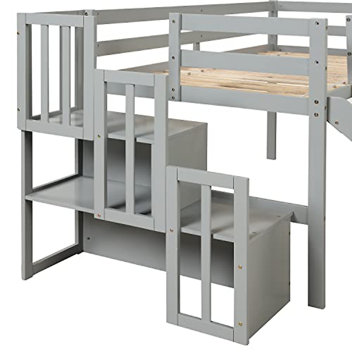 HomSof Twin Loft Bed with Slide Staircase Storage,Full-Length Safety Guardrails for Junior Boys Girls,No Box Spring Needed,Grey