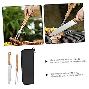Happyyami 5 Sets barbecue and fork tools cooking grilling cutter kitchen dinnerware tools grilled serving fork bbq grill portable barbecue grill cutter heavy beef wooden handle travel