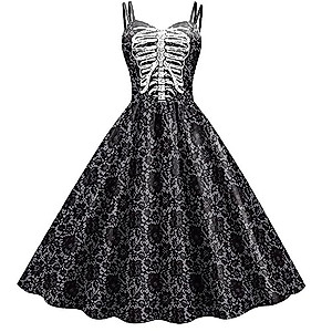 KSODFNXH Womens Dresses Casual Halloween Floral Printed Costumes Trendy Vintage Double Strap Small V Neck Swing Gown Dresses