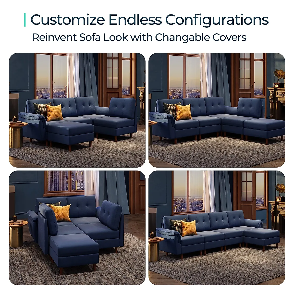 LINSY HOME Modular Sectional Sofa, Velvet Sectional Sofa Couch with Memory Foam, L Shape 5 Seat Modular Sectionals with Ottomans, Sleeper Sofa Couches with Chaise for Living Room, Blue