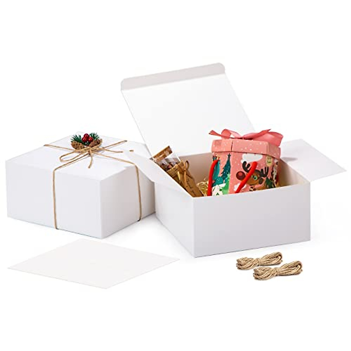 HLWDFLZ White Gift Boxes 12 Pack 8x8x4 Inches Paper Box, Gift Boxes with Lids, Wedding Present Box, Bridesmaid Proposal Box, Birthday Party Favor Box, Christmas Box with 66ft Twine and 12 clear stickers