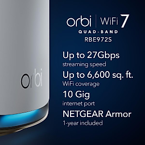 NETGEAR Orbi 970 Series Quad-Band WiFi 7 Mesh Network System (RBE972S), Router + 1 Satellite Extender, Covers Up to 6,600 sq. ft., 200 Devices, 10 Gig Internet Port, BE27000 802.11be (Up to 27Gbps)