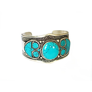 Boho Style Blue Stabilized-Turquoise Mosaic Adjustable Cuff Bracelet | Stainless Steel Jewelry for Men & Women