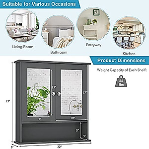 DORTALA Mirrored Bathroom Cabinet, Wall Mounted Medicine Cabinet w/Double Mirror Doors & Adjustable Shelf, Multipurpose Storage Cabinet Home Organizer, Grey