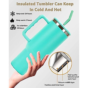 2023new 40oz mug with handle and straw lid|reusable stainless steel insulated water bottle travel mug|modern insulated water bottle cup holder, office gift (blue)