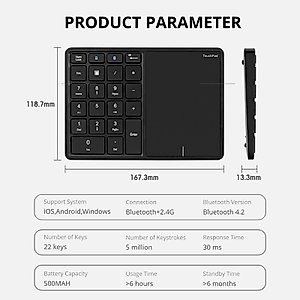 Yoidesu 22 Keys Numeric Keypad with Touchpad, 5.0/2.4G Touch Pad Number Pad, Type C Portable Numpad Financial Accounting with USB Receiver for Laptop