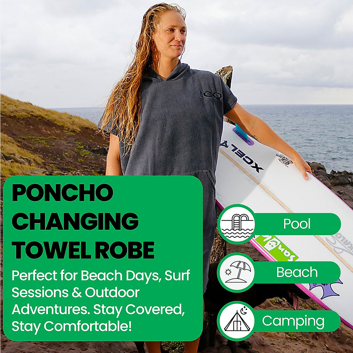 COR Surf Poncho Changing Towel Robe with Hood and Front Pocket | Thick Quick Dry Microfiber Wetsuit Poncho Towel for Surfing Beach Pool Swim (Medium - Retro Sand)