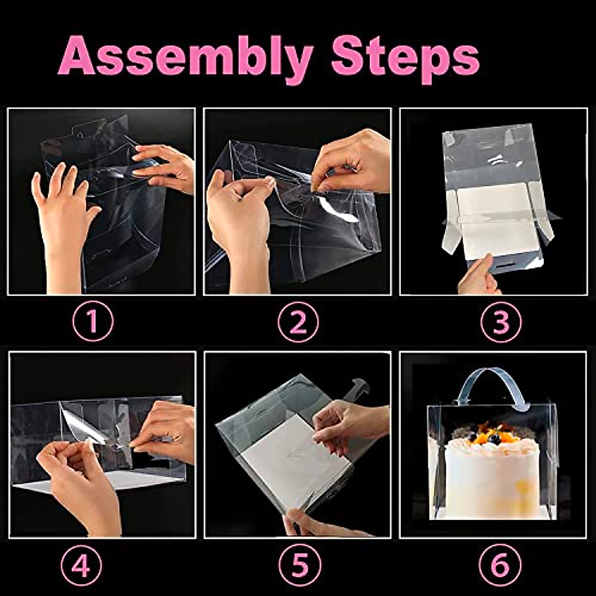 DNPHRPY 6X6X6 Inches 20pcs Clear Cake Boxes with Handles & Cake Boards, Bakery Box with Handles for Mother's Day Gifts, Desserts, and Cupcakes, Disposable Bakery Containers, 1 Ribbon & 4 Stickers