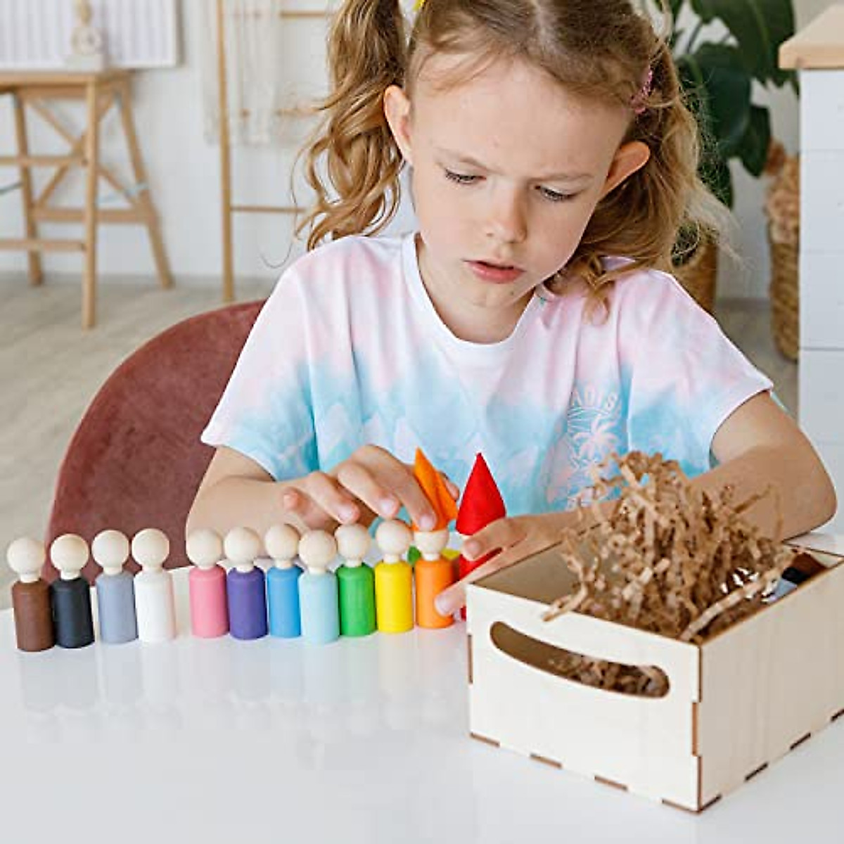 Ulanik Peg Dolls with Hats Toddler Montessori Toys for 3 Year Old + Kids Wooden Waldorf Dolls for Learning Color Sorting and Counting — 12 Gnomes, 2.36 in