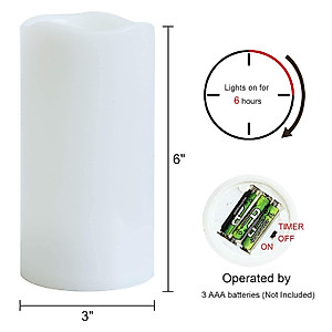 Wondise Waterproof Outdoor Flameless Pillar Candles with 6 Hour Timer,LED Flickering Battery Operated White Plastic AAA 2 Pack Indoor Candles Home Garden Patio Party Lantern Decor(D 3" x H 6")