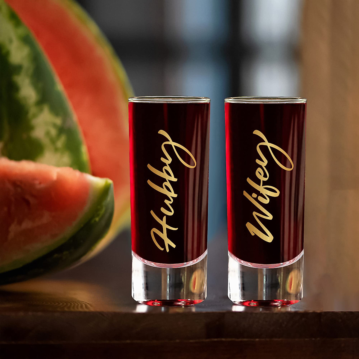 Hubby&Wifey Shot Glasses, Stylish and Unique Wedding Gift, for Newlyweds, Anniversary, Bridal Shower, and Engagement, with Stunning Gold Foil Print