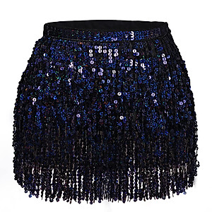 Belly Dance Hip Scarf Sequin Tassel Skirt Performance Outfits Sparkly Fringe Skirt Wrap Halloween Costume Party Rave Festival Clothing for Women and Girls, Black