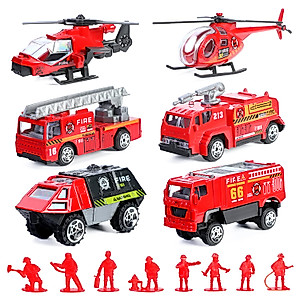 14 Pcs Fire Truck with Firefighter Toy Set, Mini Die-cast Fire Engine Car, Mini Rescue Emergency Vehicle Playset for Kid Boy Girl Birthday Christmas Party Favors