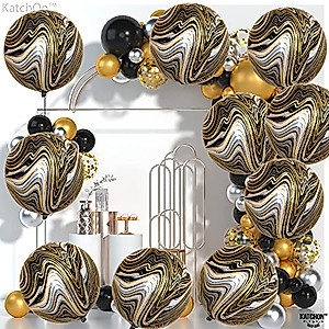 KatchOn, Black and Gold Marble Balloons - 22 Inch, Pack of 12 Agate Balloons | Marble Black and Gold Balloons | Marble Foil Balloons for Halloween Party Decorations | Gold and Black Marble Balloons