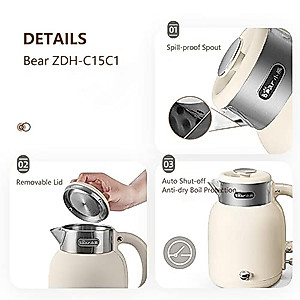 Bear ZDH-C15C1 Electric Kettle for Coffee & Tea, Stainless Steel Hot Water Boiler with Keep Warm Function, Auto Shut-Off, BPA Free, 1.5l, Ivory White