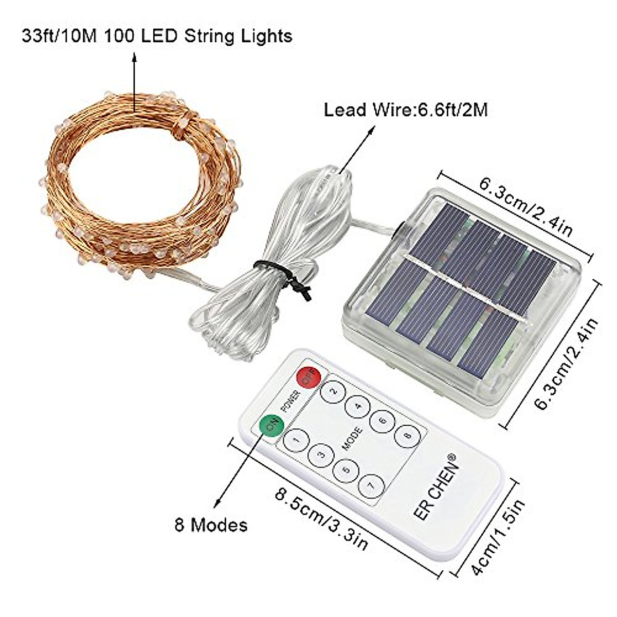 ErChen Remote Control Solar Powered Led String Lights, 33FT 100 LEDs Copper Wire Waterproof 8 Modes Decorative Fairy Lights for Outdoor Christmas Garden Patio Yard (Blue)