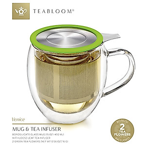 Teabloom Double-Wall Borosilicate Glass Mug with Stainless Steel Infuser and Lid – 15 OZ / 430 ML – 2 Gourmet Tea Flowers Included