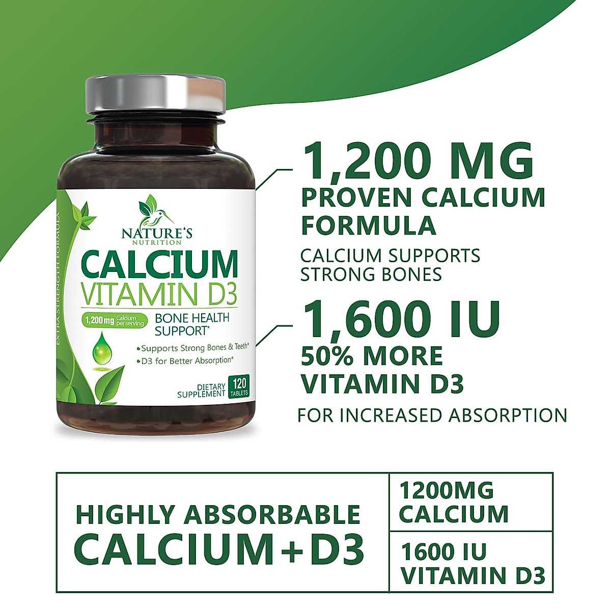 Calcium 1200 mg Plus Vitamin D3, Bone Health & Immune Support - Nature's Calcium Supplement with Extra Strength Vitamin D for Extra Strength Carbonate Absorption Dietary Supplement - 120 Tablets