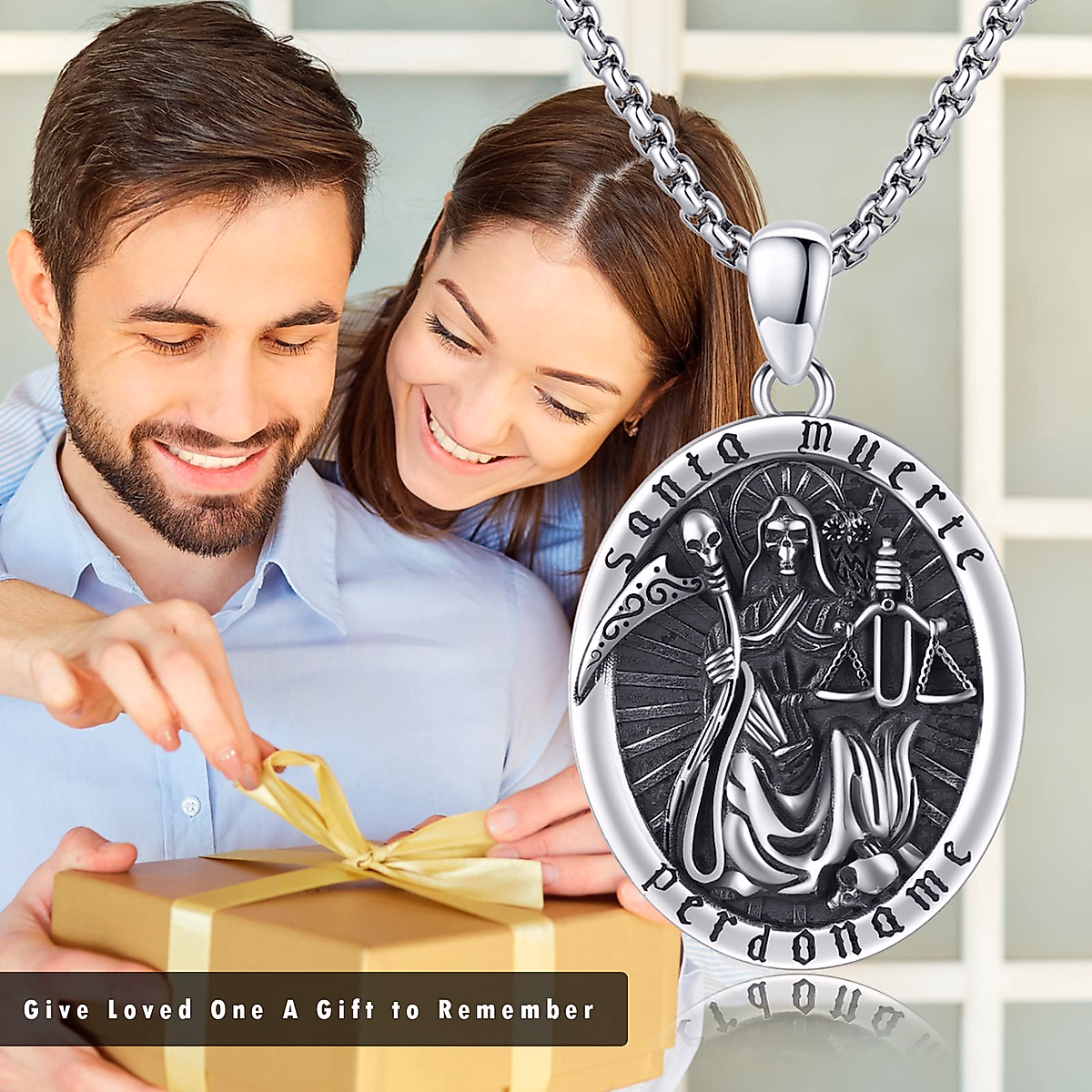 La Santa Muerte Necklace 925 Sterling Silver Mexican Grim Reaper Pendant Amulet Protection Santa Muerte Skull Jewelry Gift for Men Women (Silver)