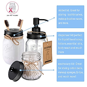 Komashr Mason Jar Bathroom Accessories Lids Set(4pcs) - Jars Not Included - Soap Dispenser,Toothbrush Holder, Apothecary Jars Lids for Regular Mouth Mason Jars - Rustproof Stainless Steel，Black