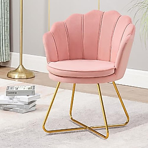 Furniliving Pink Vanity Chair, Velvet Makeup Chair for Bedroom, Home Office Desk Chair with Gold Plating Legs, Cute Accent Chair for Makeup Room, Bedroom, Living Room, Guest Reception (Velvet Pink)