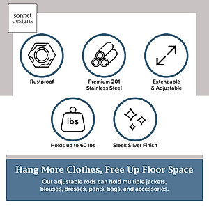 Sonnet Designs Adjustable Closet Rod - Closet Rods for Hanging Clothes, Wardrobe, Shower Pole, Kitchen, Windows, Rustproof Stainless Steel - 22.5 to 39.5” Closet Hanging Rod