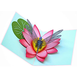 PopLife Blue Dragonfly and Lotus 3D Pop Up Card - Mother's Day, Valentine's Day, Birthday, Thank you, Get Well, Anniversary - for Friends, Sister, Wife, Grandma, Daughter, Girlfriend