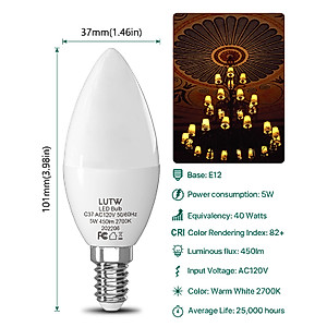 LUTW E12 Candelabra LED Light Bulbs 40 Watts Equivalent, 450 Lumen Type B LED Chandelier Light Bulbs, Warm White 2700K Non-Dimmable B11 Ceiling Fan Bulb, 6 Pack